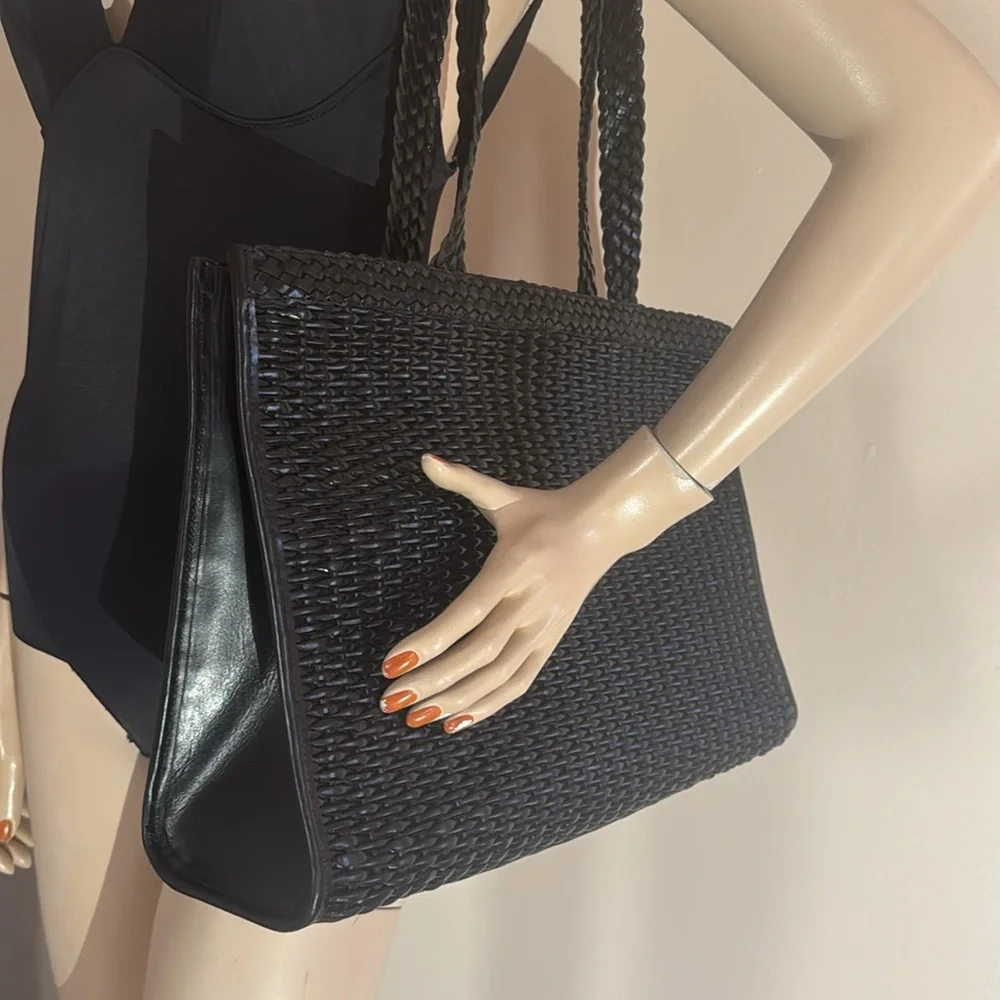 Cem | Bags | Cem Black Leather Woven Zipper Tote Bag | Poshmark